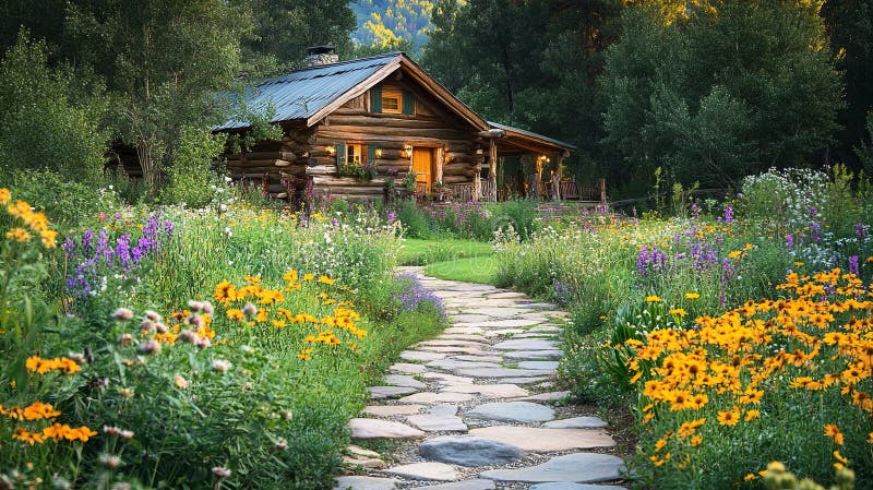A Rustic Log Cabin Surrounded by Wildflowers and a Stone Pathway Stock ...