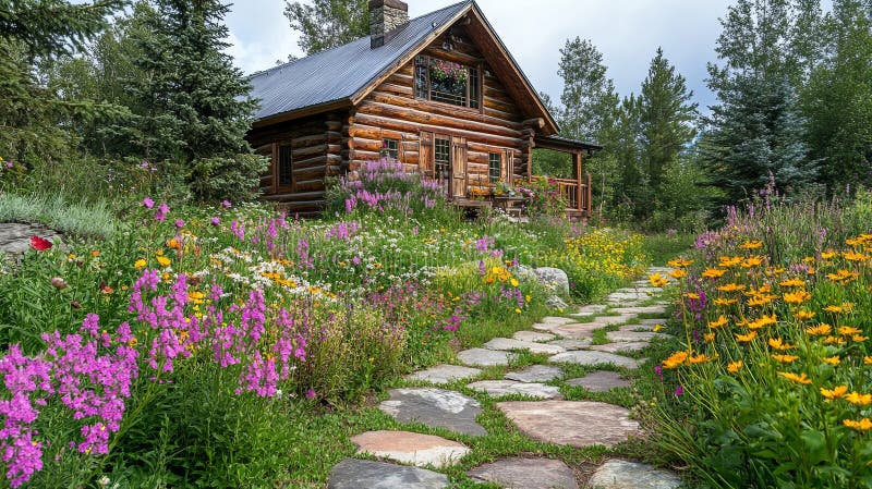 A Rustic Log Cabin Surrounded by Wildflowers and a Stone Pathway Stock ...