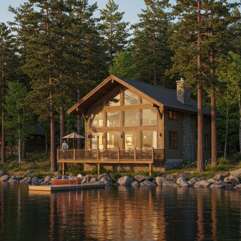 Rustic Log Cabin by a Tranquil Lake in the Woods Stock Illustration ...