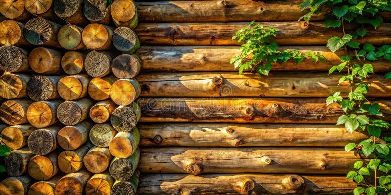Rustic Log Cabin Wall with Sunlight and Growing Vines. Generative AI ...