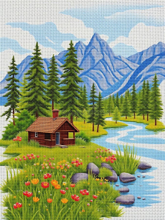 A Rustic Log Cabin by a Winding River, Surrounded by Pine Trees ...