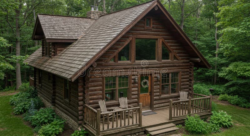 Rustic Log Cabin in Wooded Area Stock Illustration - Illustration of ...