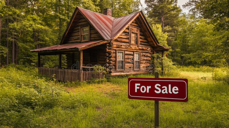 Rustic Log Cabin in the Woods with "for Sale" Sign Stock Illustration ...