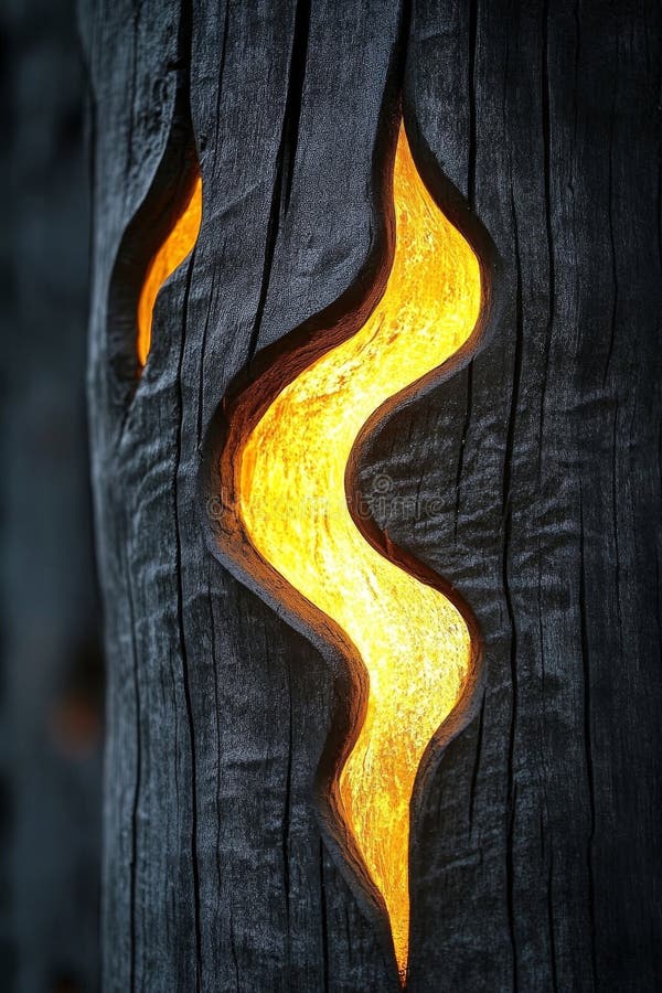 Rustic Log Carving with a Glowing S Shape Illuminated by Yellow Light ...