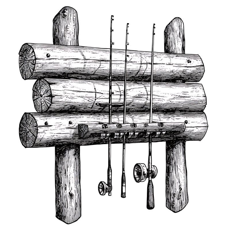 Rustic Log Fishing Rod Rack with Reels Stock Illustration ...