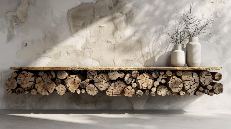 Rustic Log Shelf Display with Modern Vases Against Textured Wall Stock ...