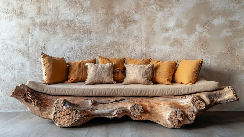Rustic Log Sofa with Pillows, Bohemian Style Decor, Home Interior Stock ...