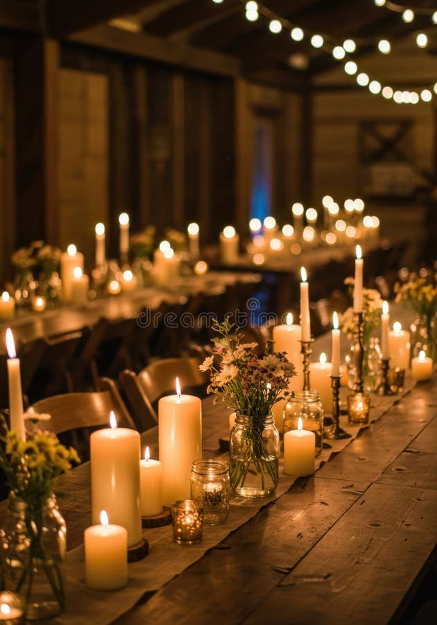 Rustic Long Table with Candlelight and Flowers Stock Illustration ...