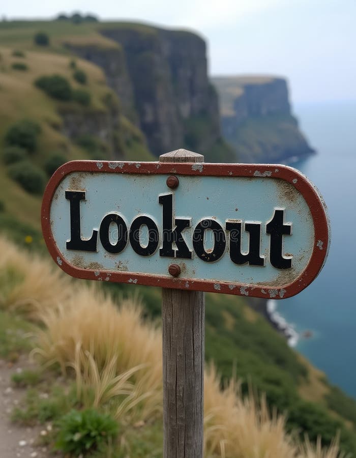 Rustic Lookout Sign Against Dramatic Cliff Backdrop Stock Illustration ...