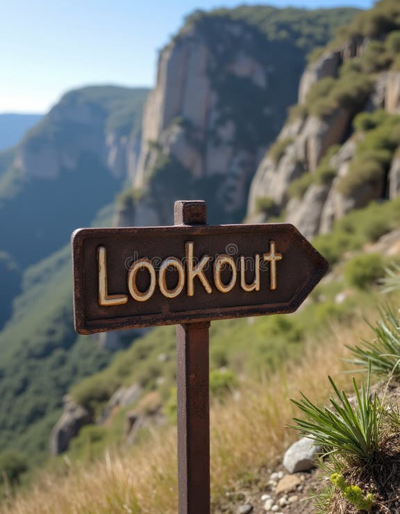 Rustic Lookout Sign Against Dramatic Cliff Backdrop Stock Illustration ...