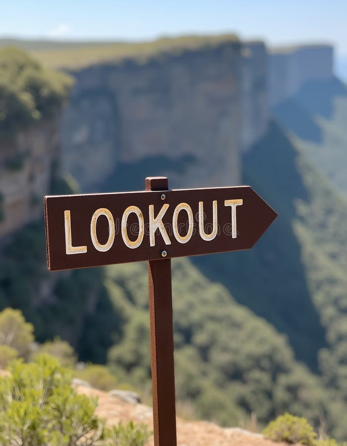 Rustic Lookout Sign Against Dramatic Cliff Backdrop Stock Illustration ...