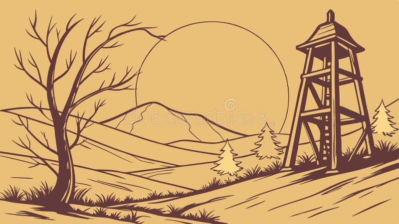 Rustic Lookout Tower by a Barren Tree at Sunset, Vector Design ...