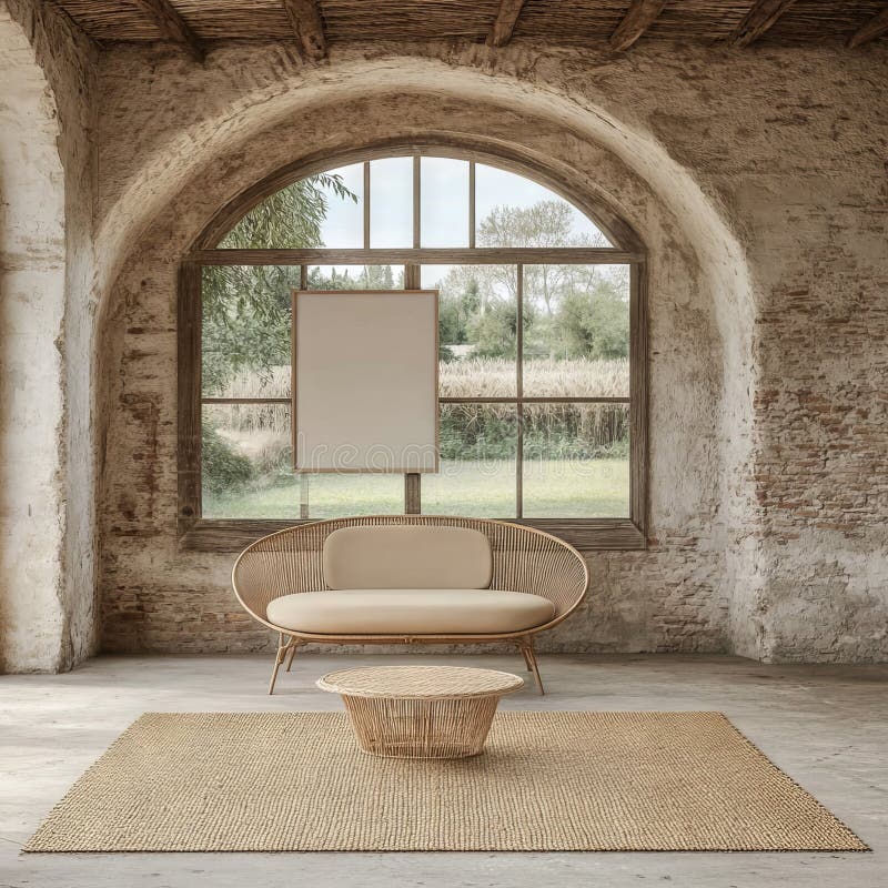 Rustic Lounge with Natural Shades and Woven Details Stock Photo - Image ...