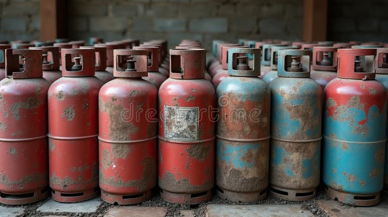 Rustic LPG Cylinders Arranged Neatly in Rows with Weathered Texture ...