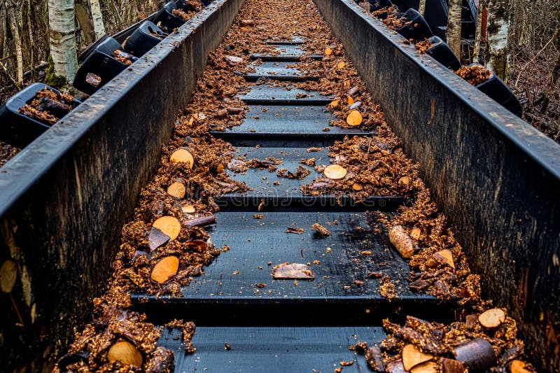 Rustic Lumber Processing Along a Conveyor Belt in a Serene Forest ...