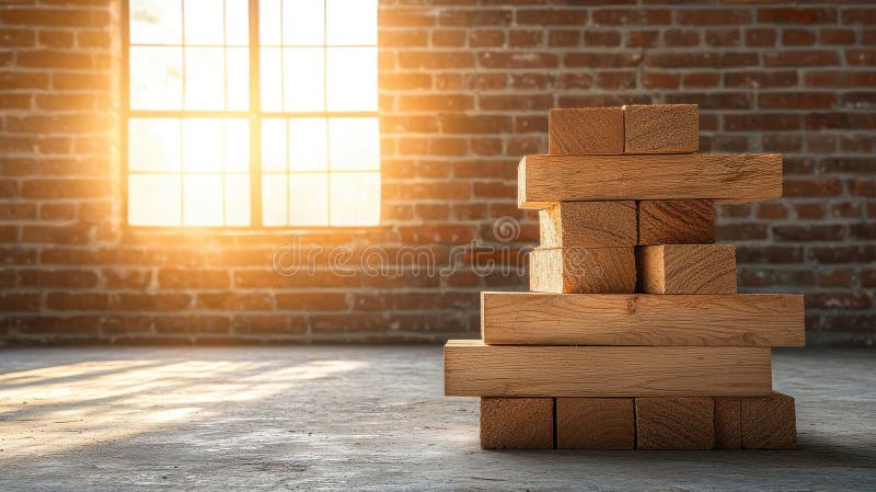 Rustic Lumber Stacked Inside Sunlit Warehouse with Brick Wall Stock ...