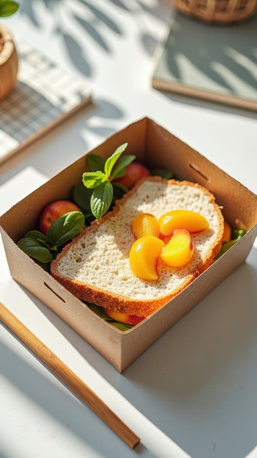 Rustic Lunch Box with Whole Grain Bread, Peach Slices, Fresh Greens ...