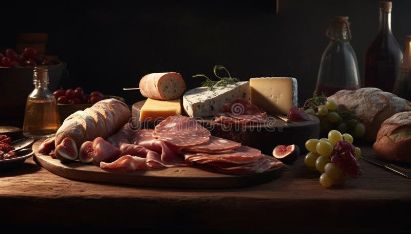 A Rustic Lunch Table with Gourmet Meat, Bread, Wine, and Cheese ...