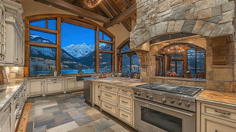 Rustic Luxury Kitchen with Stunning Mountain Views Stock Illustration - Illustration of comfort ...