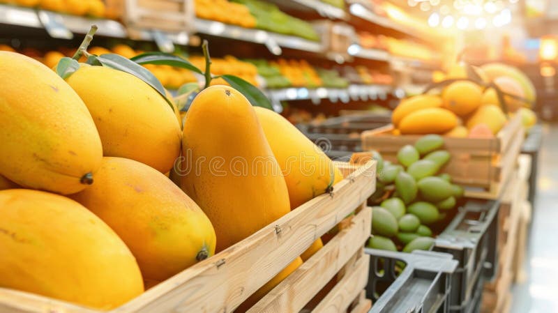 Rustic Mango Display in Wooden Crates at Warehouse with Soft Lighting ...