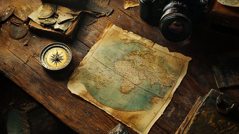 Rustic Map with a Compass and a Camera Lens on Wooden Desk . Stock ...