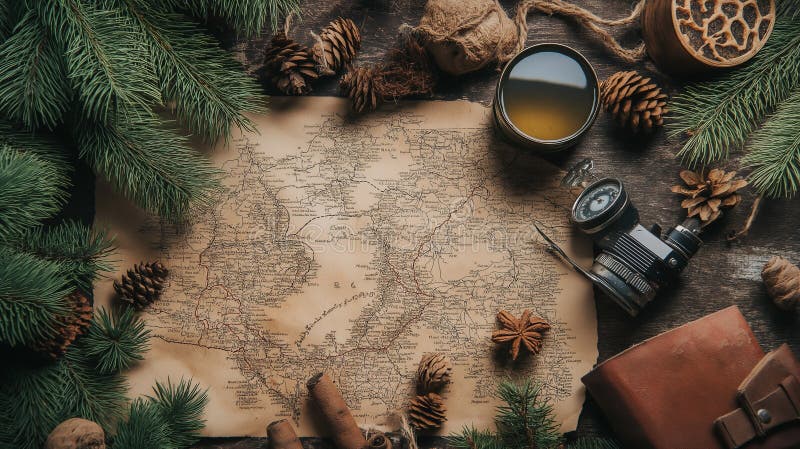 A Rustic Map with a Compass and Camera, Setting the Mood for a Grand ...