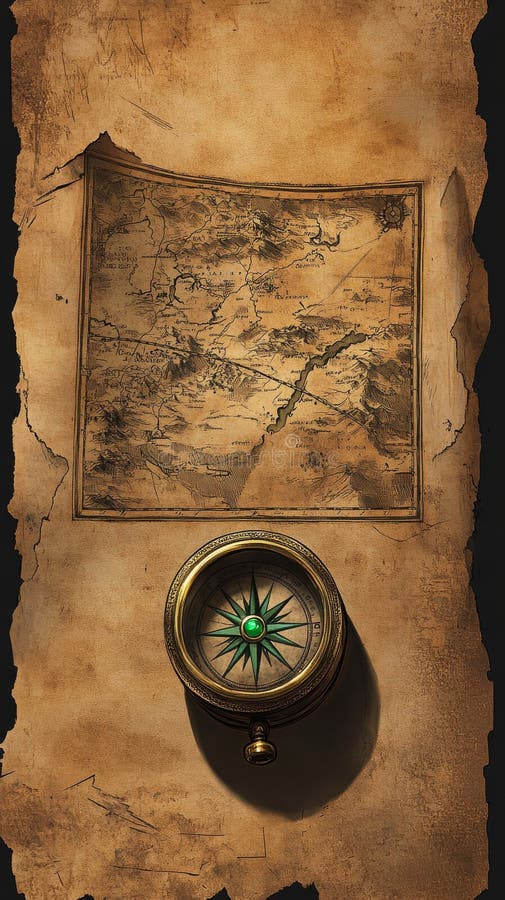 Rustic Map with Emerald-accented Compass on Weathered Parchment Stock ...