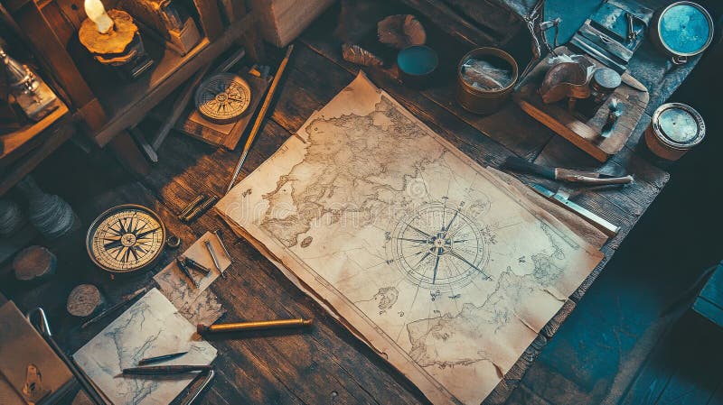 A Rustic Map-making Station with Compasses, Rulers, and a Hand-drawn ...