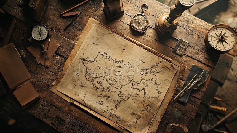 A Rustic Map-making Station with Compasses, Rulers, and a Hand-drawn ...