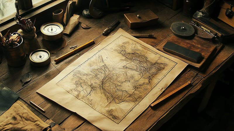 A Rustic Map-making Station with Compasses, Rulers, and a Hand-drawn ...