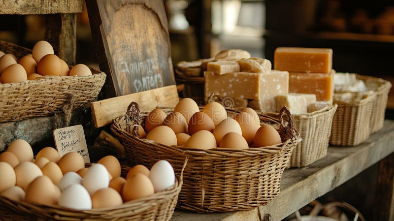 A Rustic Market Display with Baskets of Fresh Eggs and Handmade Soap ...