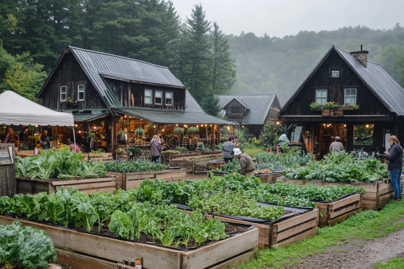 A Rustic Market with Gardens and People Harvesting Vegetables Stock ...