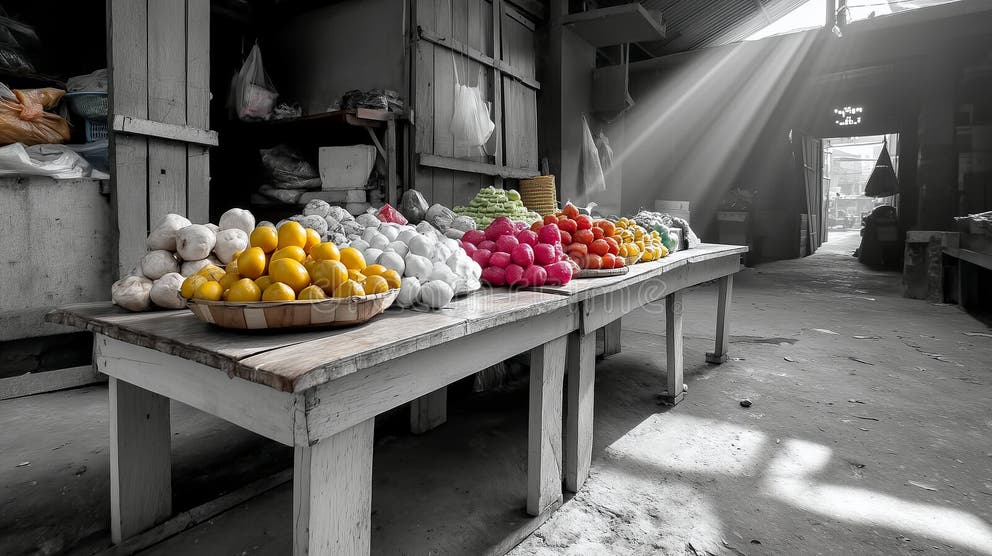 In a Rustic Market Setting, a Wooden Table Displays an Array of ...