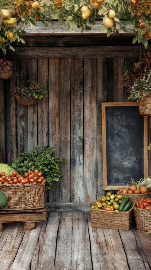 Rustic Market Stall with Fresh Produce and Empty Chalkboard, AI Stock ...