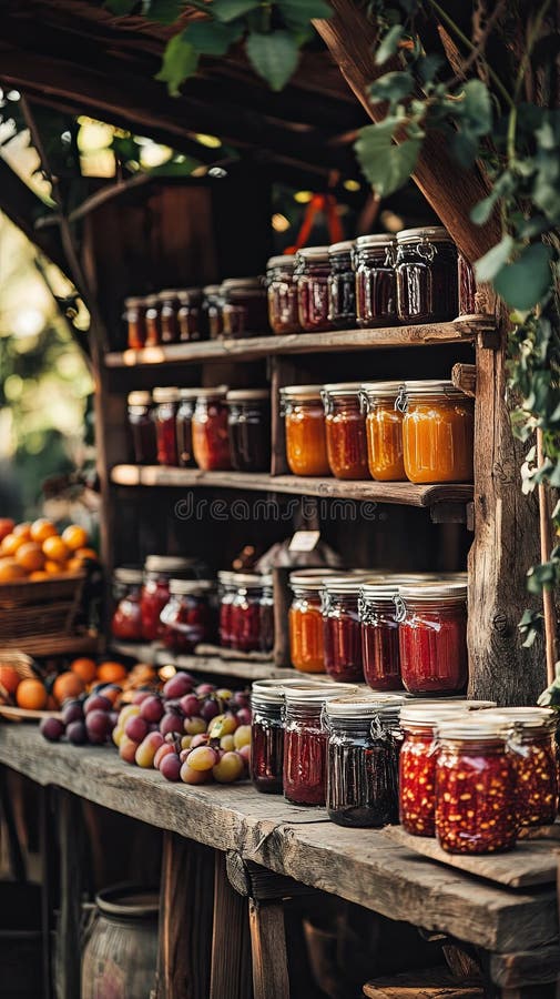 A Rustic Market Stall with Jars of Homemade Jams. Pic Stock Photo ...