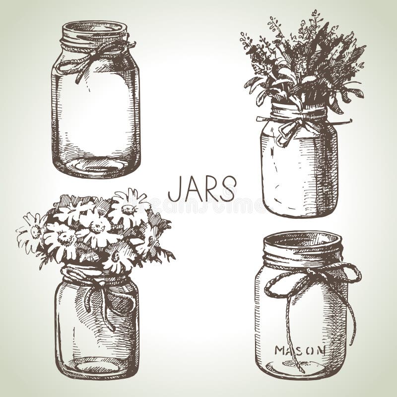 Rustic, Mason and Canning Jars Hand Drawn Set. Sketch Design Elements ...
