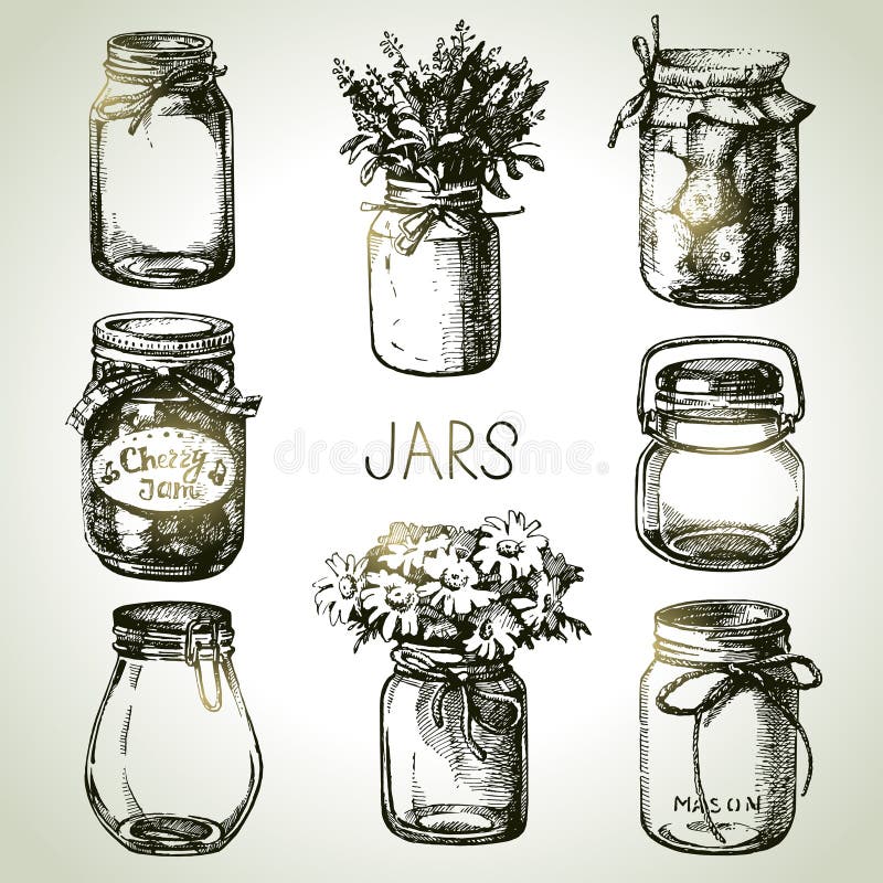 Rustic, Mason and Canning Jars Hand Drawn Set. Sketch Design Elements ...