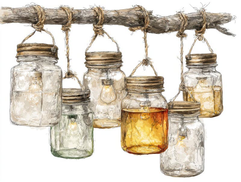 Rustic Mason Jar String Lights Hanging from Branch Stock Illustration ...