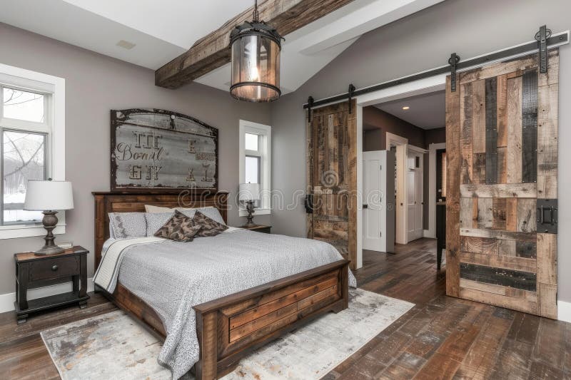 Rustic Master Bedroom with Wooden Sliding Door and a Cozy Atmosphere Stock Illustration ...