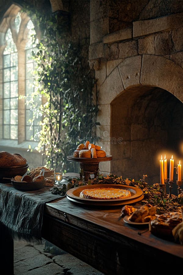 Rustic Medieval Feast Table with Bread and Pastries Stock Illustration ...