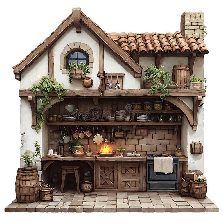 Rustic Medieval Kitchen with Active Fireplace Stock Illustration ...