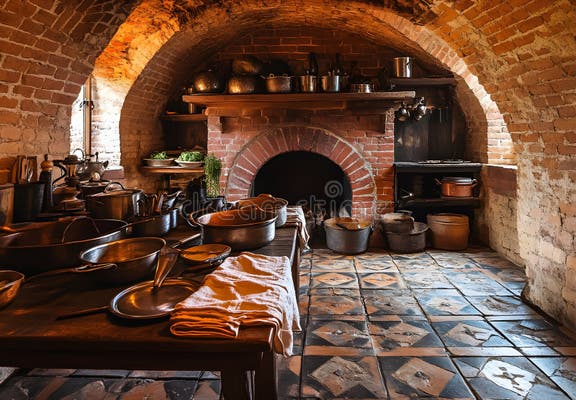 Rustic Medieval Kitchen with Brick Fireplace Stock Illustration ...