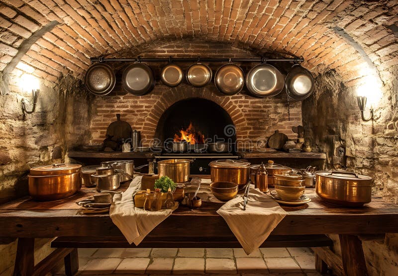 Rustic Medieval Kitchen with Brick Fireplace Stock Illustration ...