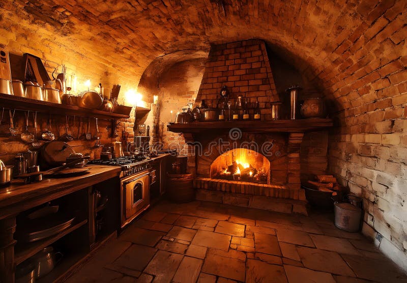 Rustic Medieval Kitchen with Brick Fireplace Stock Illustration ...