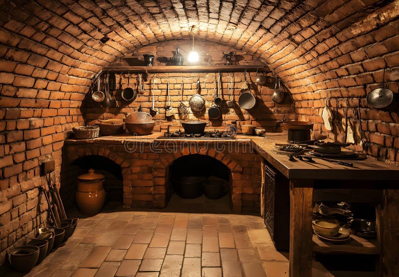 Rustic Medieval Kitchen with Brick Fireplace Stock Illustration ...