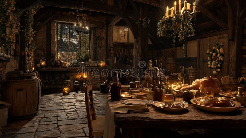 Rustic Medieval Kitchen Feasting Scene Awaits Guests Stock Illustration ...