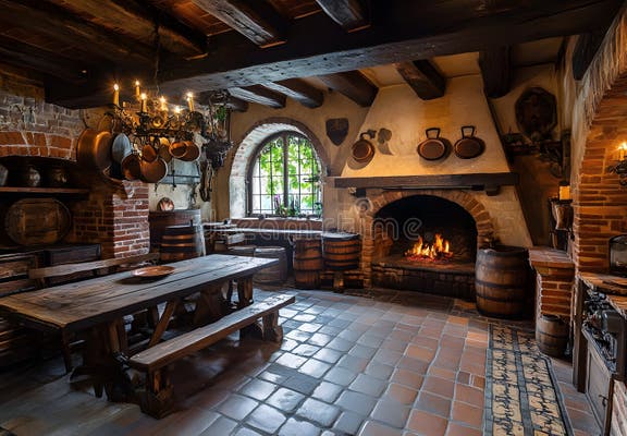 Rustic Medieval Kitchen with Fireplace & Table Stock Illustration ...