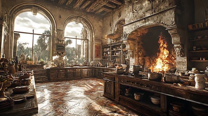 Rustic Medieval Kitchen with Large Fireplace and Arch Windows Stock ...