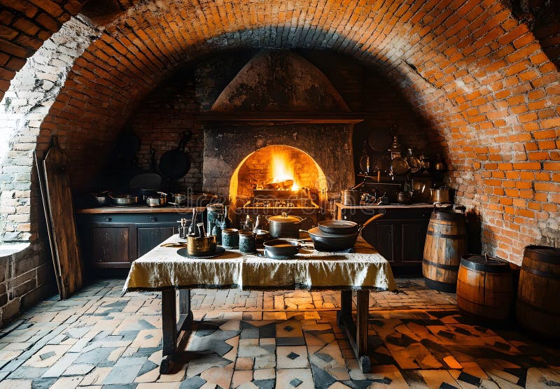 Rustic Medieval Kitchen with Brick Walls & Fireplace Stock Illustration ...