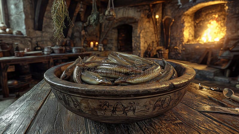 Rustic Medieval Kitchen with Steaming Fish Stew by the Fire Stock ...